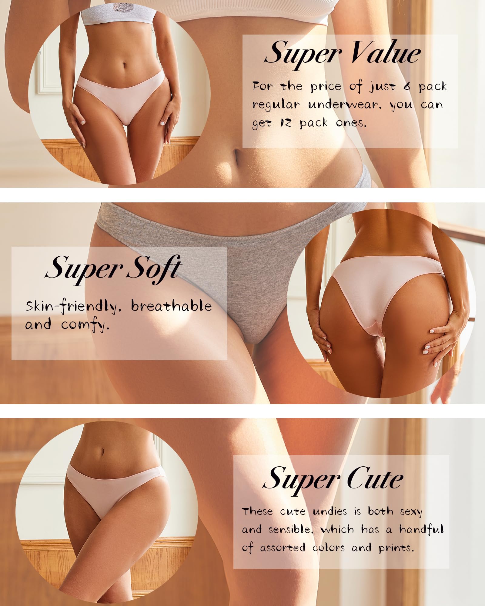 FINETOO 12 Pack Cotton Underwear for Women Cute Low Rise Bikini Panties High Cut Breathable Sexy Hipster Womens Cheeky S-XL