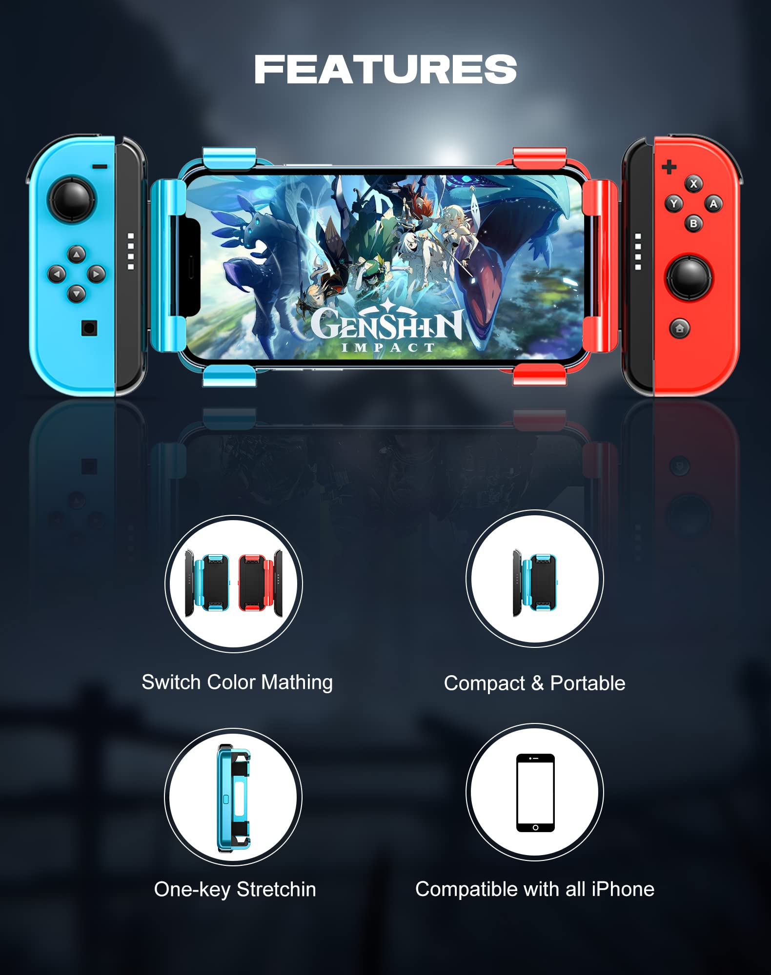 Joso Switch Joy-Con Grip Holder with Cell Phone Mount, Compatible with All iOS 16.0+ iPhones, Easy to Install & Stable, Enjoy Mobile Games, COD, Genshin Impact, Switch Accessories, Not for Android