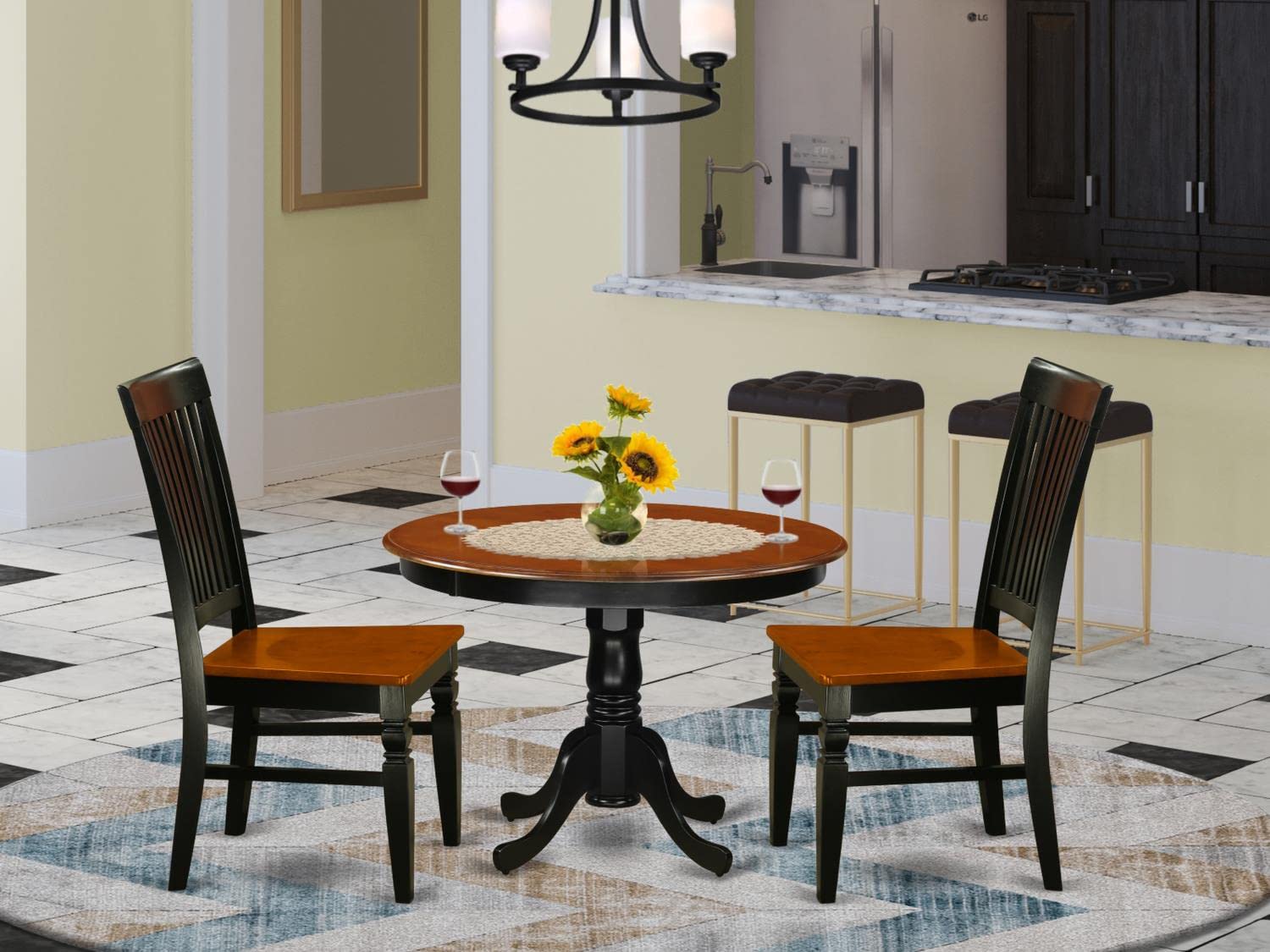 East West Furniture HLWE3-BCH-W 3 Piece Dining Room Table Set Contains a Round Kitchen Table with Pedestal and 2 Dining Chairs, 42x42 Inch, Black & Cherry