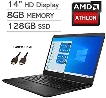 2020 Newest HP 14 Inch Premium Laptop, AMD Athlon Silver 3050U up to 3.2 GHz(Beat i5-7200U), 8GB DDR4 RAM, 128GB SSD, Bluetooth, Webcam,WiFi,Type-C, HDMI, Windows 10 S, Black + Laser HDMI
