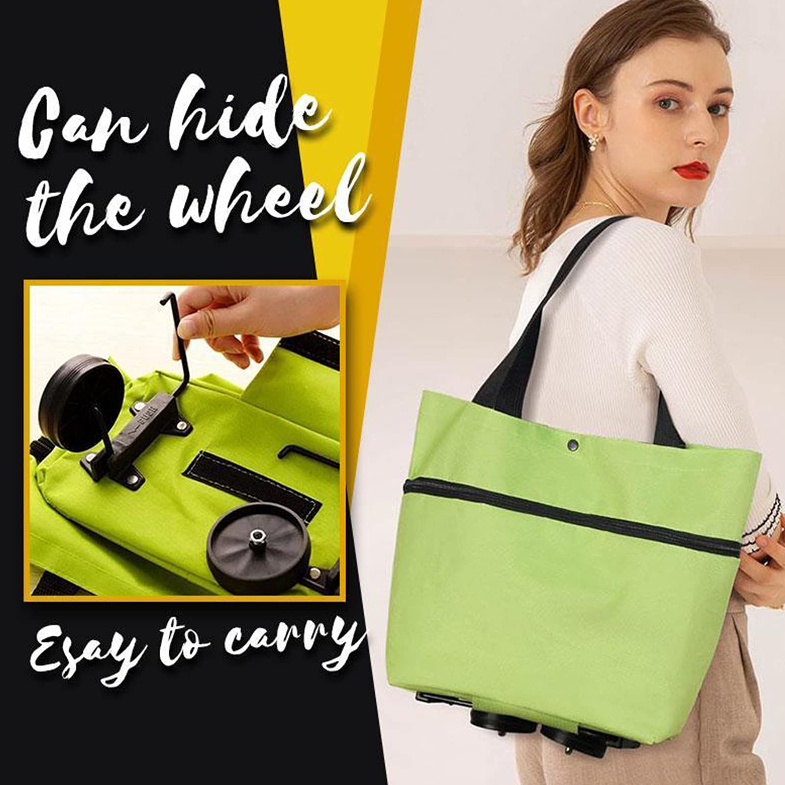2 in 1 Foldable Shopping Carts for Groceries with Wheels, Waterproof Large Folding Expandable Shopping Bag, Collapsible Washable Cart Grocery Bags Tote Bag Green