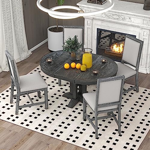 POCIYIHOME 5 Piece 4 Upholstered Farmhouse Round Extendable 16" Wood Leaf, Set of 5, Family Dining Table/Chairs Set for Dinner Restaurant, Kitchen (Black)