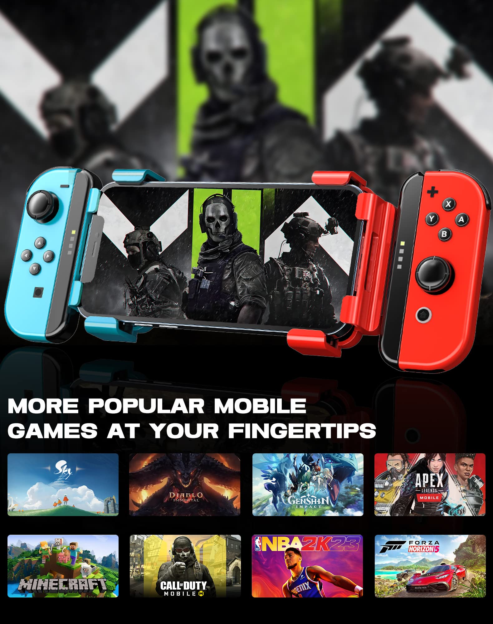 Joso Switch Joy-Con Grip Holder with Cell Phone Mount, Compatible with All iOS 16.0+ iPhones, Easy to Install & Stable, Enjoy Mobile Games, COD, Genshin Impact, Switch Accessories, Not for Android