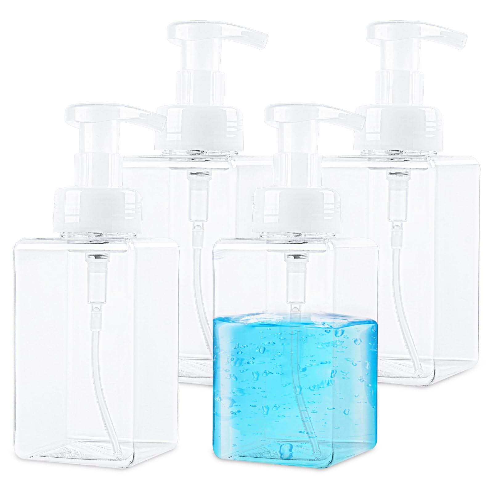 Foaming Soap Dispenser 15oz/450ml Clear Empty Foam Soap Dispenser, Square Refillable Plastic Foaming Hand Soap Dispenser Soap Pump for Liquid Soap, Shampoo, Body Wash(4 Pack)