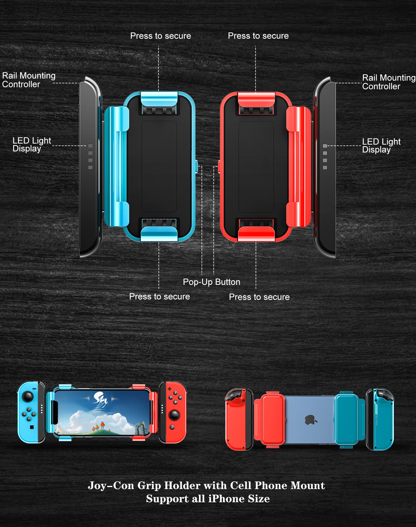 Joso Switch Joy-Con Grip Holder with Cell Phone Mount, Compatible with All iOS 16.0+ iPhones, Easy to Install & Stable, Enjoy Mobile Games, COD, Genshin Impact, Switch Accessories, Not for Android