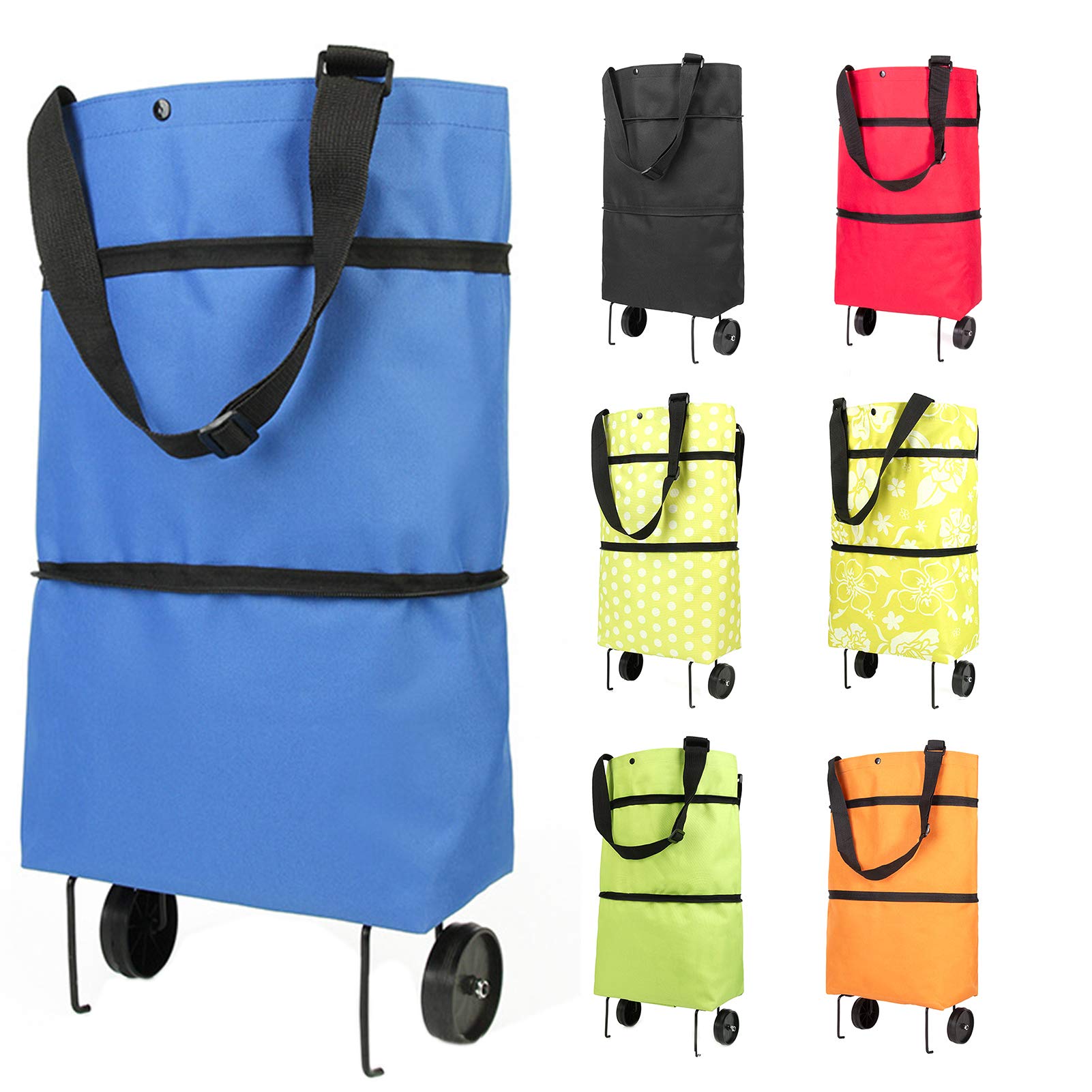 2 in 1 Foldable Shopping Carts for Groceries with Wheels, Waterproof Large Folding Expandable Shopping Bag, Collapsible Washable Cart Grocery Bags Tote Bag Green