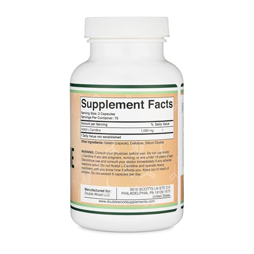 Acetyl L-Carnitine 1,000mg Per Serving, 150 Capsules (ALCAR for Brain Function Support, Memory, Attention, and Stamina) Acetyl L Carnitine That is Third Party Tested by Double Wood