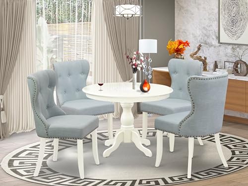 East West Furniture HBSI5-LWH-15 5 Piece Kitchen Table & Chairs Set Includes a Round Dining Room Table with Pedestal and 4 Baby Blue Linen Fabric Parson Chairs, 42x42 Inch, Linen White