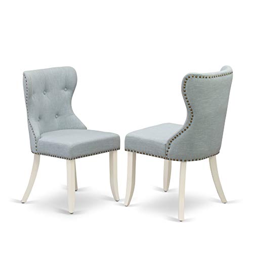 East West Furniture HBSI5-LWH-15 5 Piece Kitchen Table & Chairs Set Includes a Round Dining Room Table with Pedestal and 4 Baby Blue Linen Fabric Parson Chairs, 42x42 Inch, Linen White