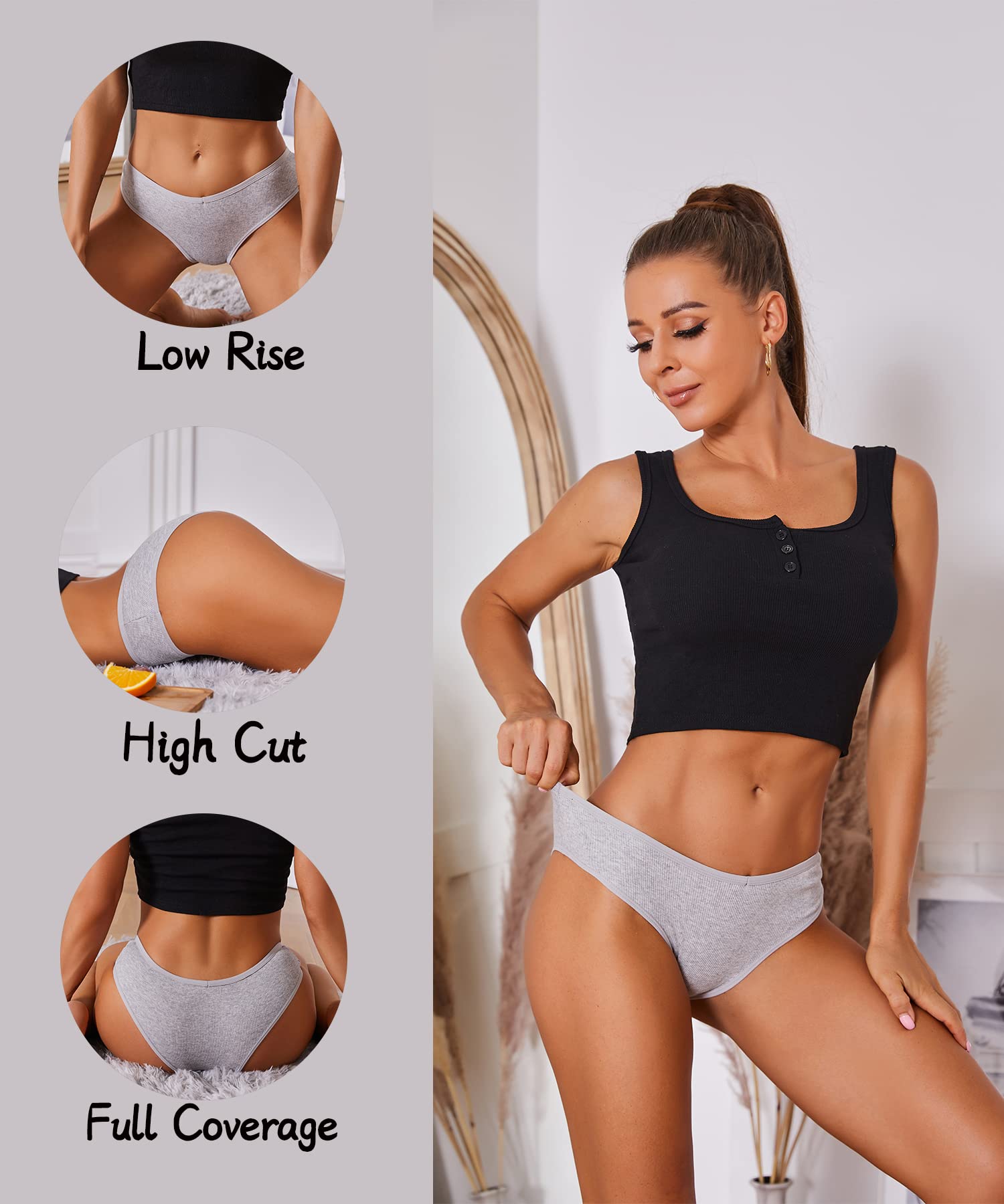 CuteByte 6 Pack Womens Cotton Underwear Sexy Breathable High Cut Panties Low Rise Cotton Cheeky Hipster S-XXL(6 Pack A,M)