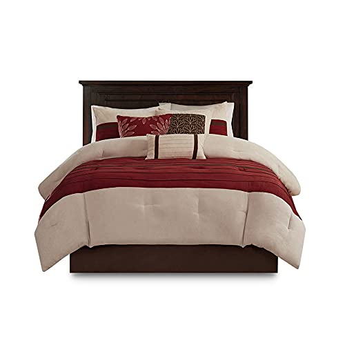Madison Park Palmer Comforter Set-Luxury Faux Suede Design, Striped Accent, All Season Down Alternative Bedding, Matching Shams, Decorative Pillow, Bed Skirt, King (104 in x 92 in), Red 7 Piece