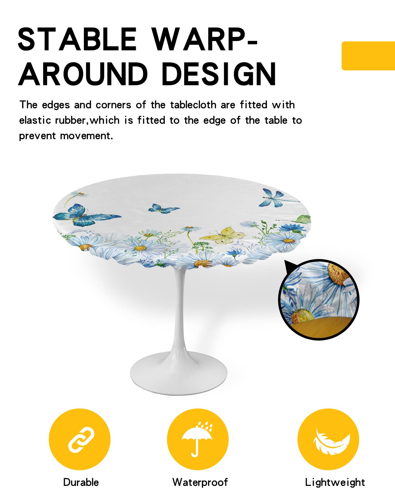 Big buy store Elastic Edged Waterproof Tablecloth Round Daisy Butterfly Dragonfly Reusable Wipeable Table Cover Watercolor Flowers Washable Oil-Proof Fitted Table Cover up up to 36"- 44" Round Tables