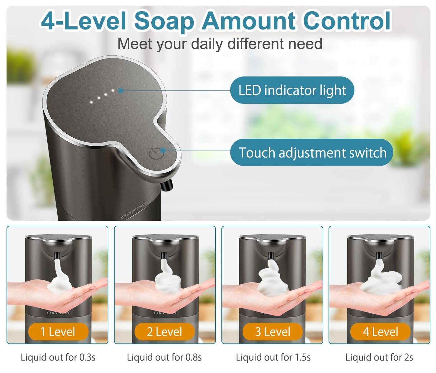 Cheftick Soap Dispenser, Automatic Foaming Soap Dispenser with 4 Adjustable Volume Control, Touchless Rechargeable Hands Free Auto Soap Dispenser for Kitchen, Bathroom, Hotel, Restaurant,13.5oz/ 400ml