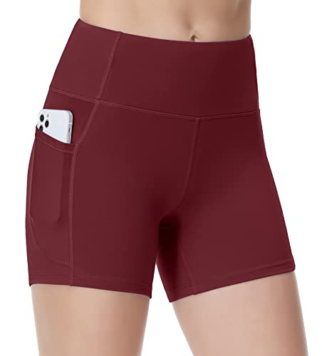 Dragon Fit High Waist Yoga Shorts for Women with 2 Side Pockets Tummy Control Running Home Workout Shorts (Large, Wine Red)