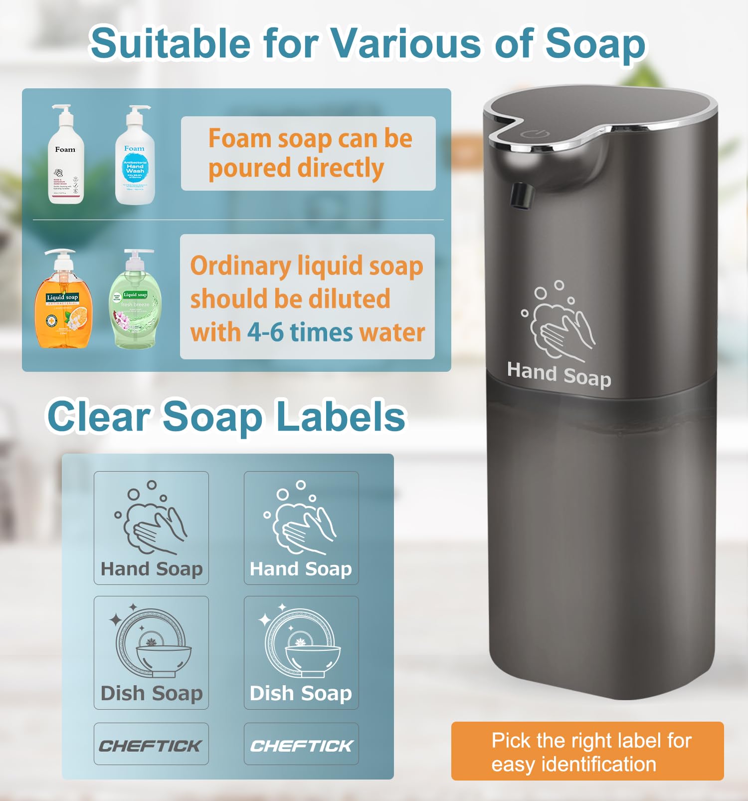 Cheftick Soap Dispenser, Automatic Foaming Soap Dispenser with 4 Adjustable Volume Control, Touchless Rechargeable Hands Free Auto Soap Dispenser for Kitchen, Bathroom, Hotel, Restaurant,13.5oz/ 400ml