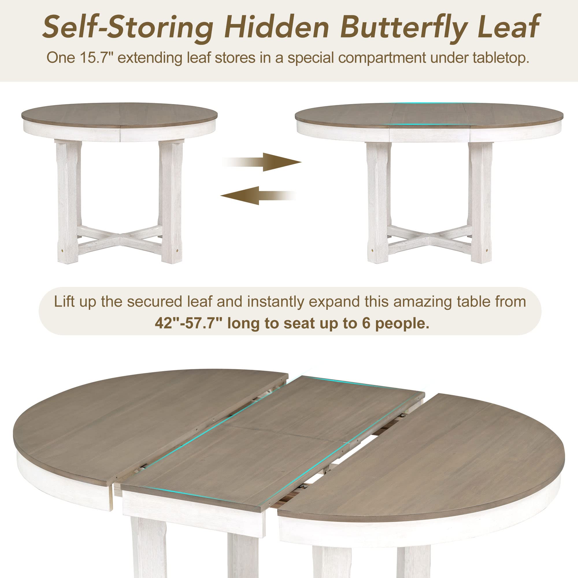 POCIYIHOME 5-Piece Kitchen Furniture Set, Wood Two-Size Round to Oval Extendable Butterfly Leaf, 4 Upholstered Dining Armrests, Table/Chairs for 4 (Brown+White), 42"-57.7" L x 42" W x 30" H