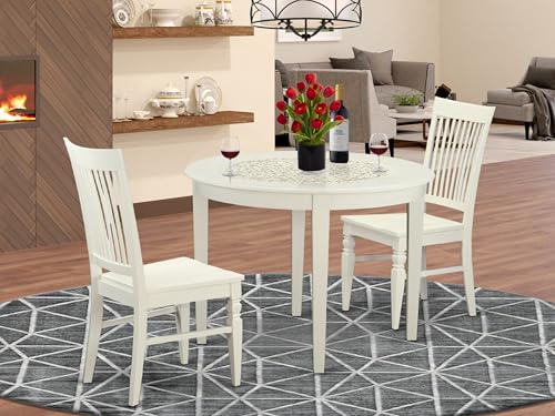East West Furniture BOWE3-WHI-W 3 Piece Dining Table Set for Small Spaces Contains a Round Kitchen Table and 2 Dining Room Chairs, 42x42 Inch, Linen White