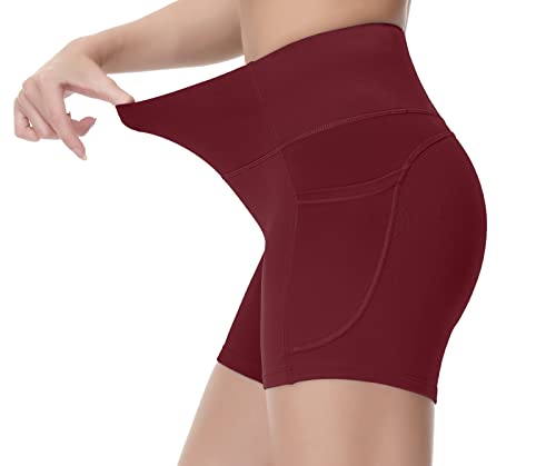 Dragon Fit High Waist Yoga Shorts for Women with 2 Side Pockets Tummy Control Running Home Workout Shorts (Large, Wine Red)