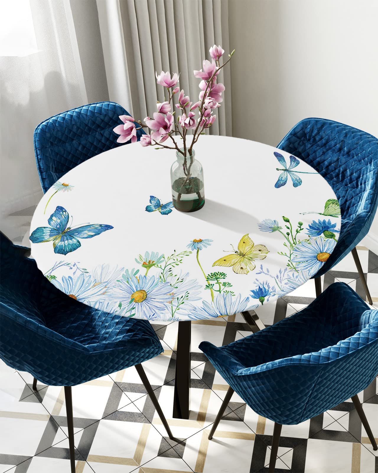 Big buy store Elastic Edged Waterproof Tablecloth Round Daisy Butterfly Dragonfly Reusable Wipeable Table Cover Watercolor Flowers Washable Oil-Proof Fitted Table Cover up up to 36"- 44" Round Tables