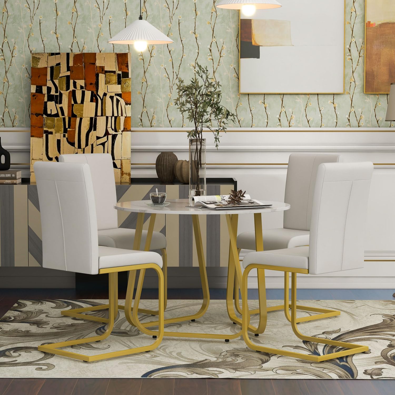 5-Piece Round Dining Table Set - Faux Marble Dining Table and 4Pcs Dining Chairs with Metal Legs, 42" Round Dining Table for Kitchen and Living Room