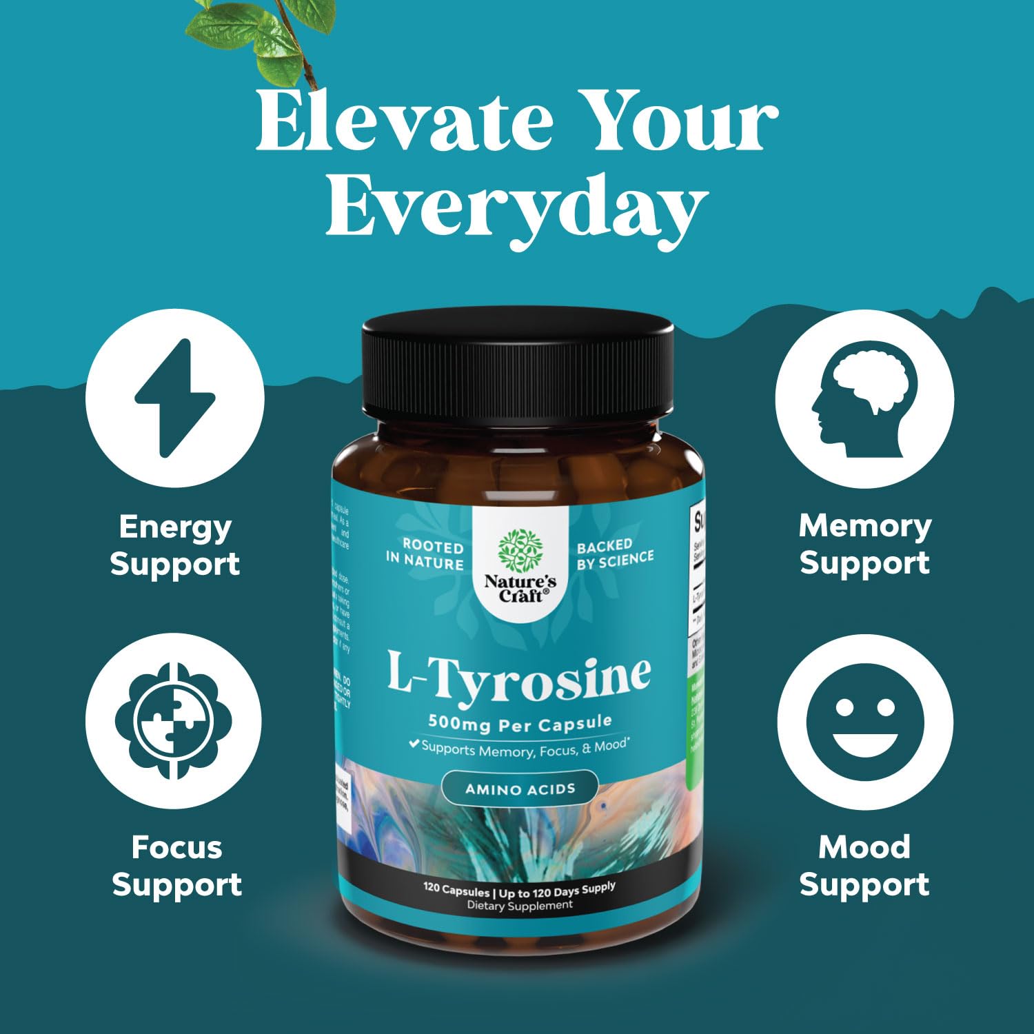 Free Form L Tyrosine 500mg Capsules - High Strength L-Tyrosine Supplement for Mental Energy and Focus Support - Amino Acid Nootropic Supplement for Mood Focus Attention and Cognitive Performance