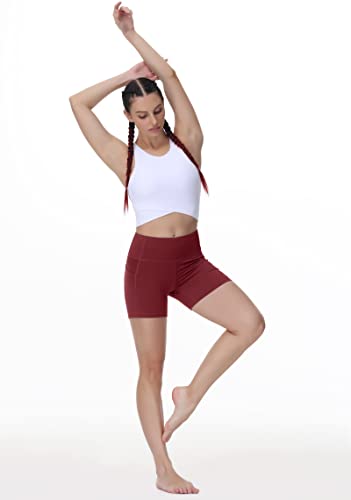 Dragon Fit High Waist Yoga Shorts for Women with 2 Side Pockets Tummy Control Running Home Workout Shorts (Large, Wine Red)