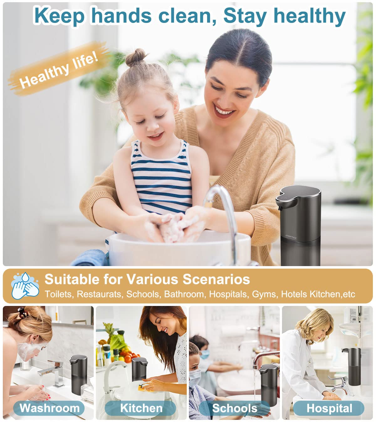 Cheftick Soap Dispenser, Automatic Foaming Soap Dispenser with 4 Adjustable Volume Control, Touchless Rechargeable Hands Free Auto Soap Dispenser for Kitchen, Bathroom, Hotel, Restaurant,13.5oz/ 400ml