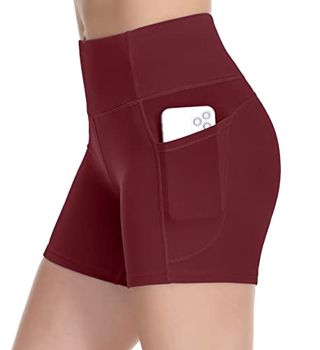Dragon Fit High Waist Yoga Shorts for Women with 2 Side Pockets Tummy Control Running Home Workout Shorts (Large, Wine Red)
