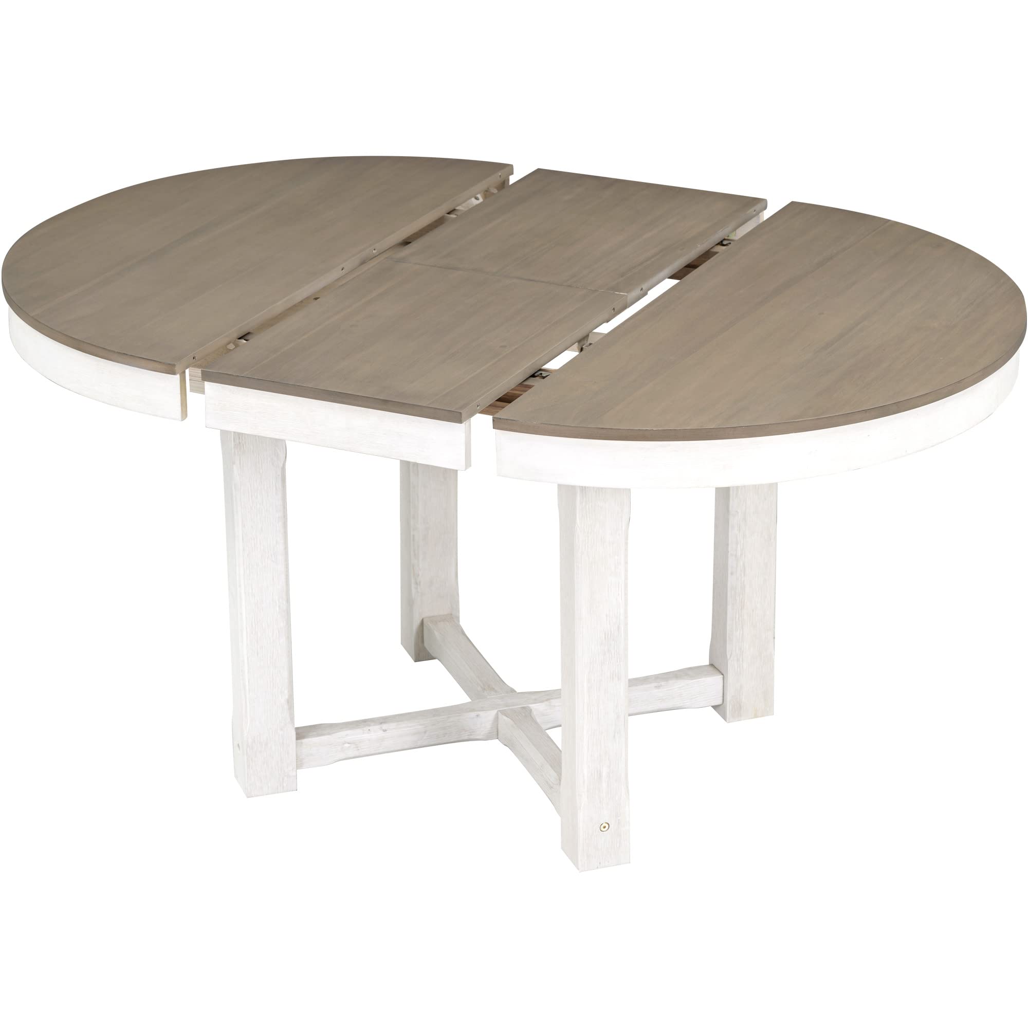 POCIYIHOME 5-Piece Kitchen Furniture Set, Wood Two-Size Round to Oval Extendable Butterfly Leaf, 4 Upholstered Dining Armrests, Table/Chairs for 4 (Brown+White), 42"-57.7" L x 42" W x 30" H