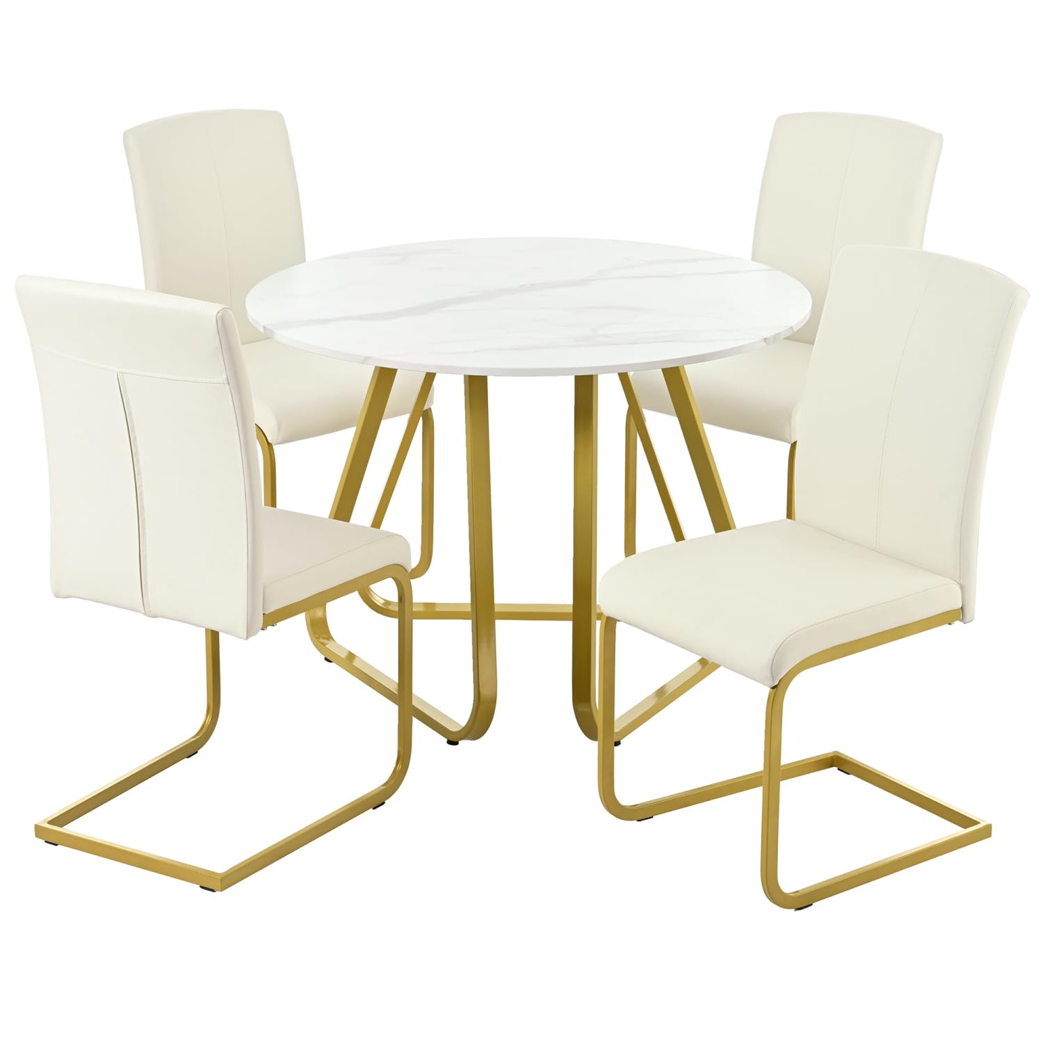 5-Piece Round Dining Table Set - Faux Marble Dining Table and 4Pcs Dining Chairs with Metal Legs, 42" Round Dining Table for Kitchen and Living Room