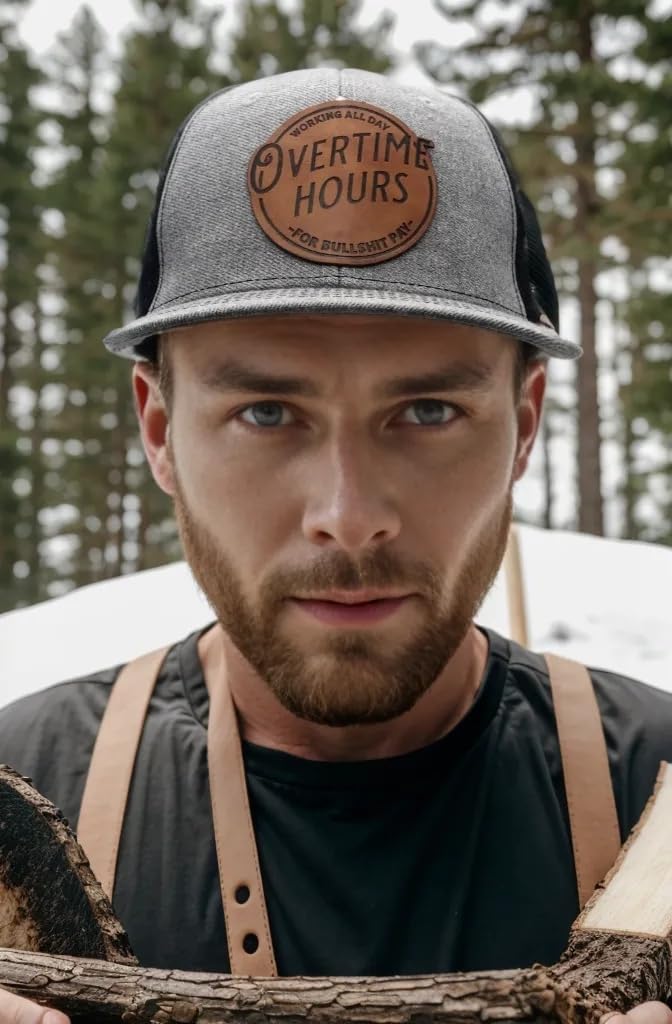 Eachnice Working All Day Overtime Hours for Bullsh!t Pay Leather Patch Trucker Hat Baseball Cap (Gray Black)