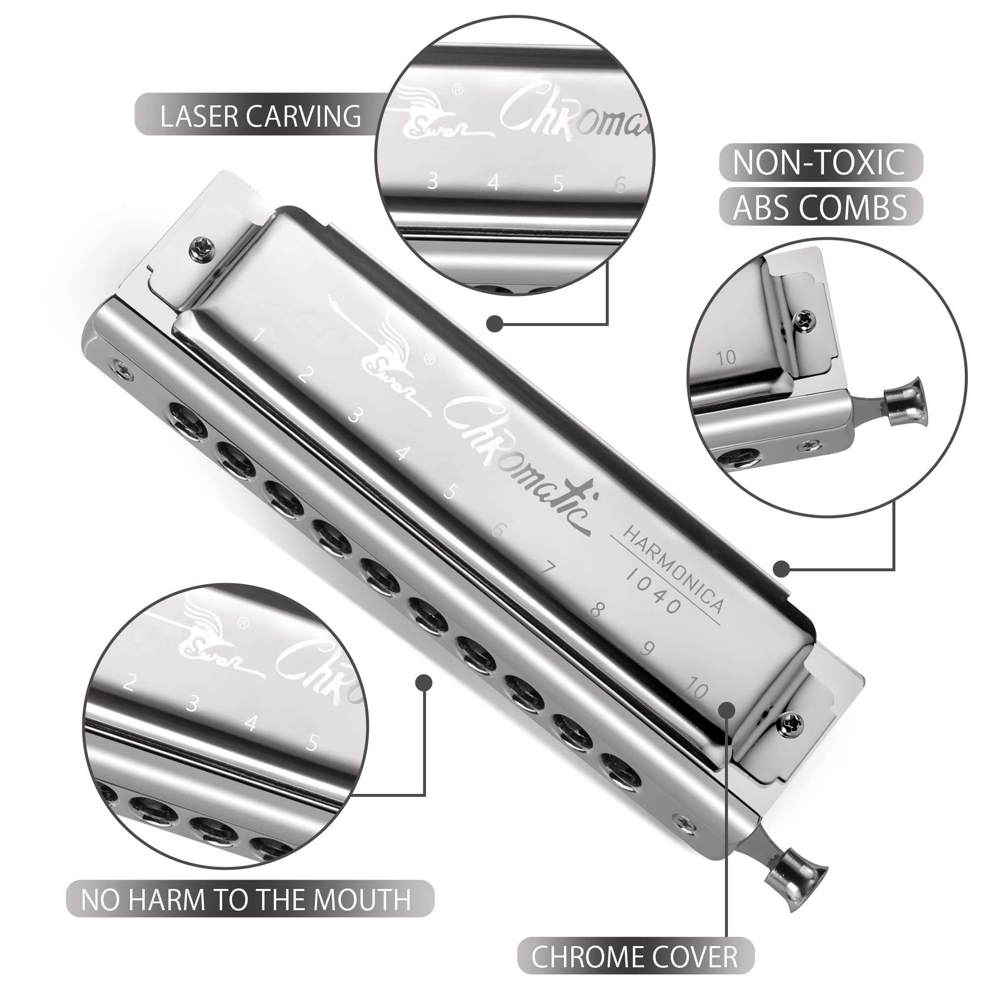 SWAN Chromatic Harmonica 10 Holes Deluxe Harmonica C Key with Slider and Valve - 10 Hole 40 Tone for Adults Beginners Students - Professional Harmonica Key of C, Polished Silver (SW1040-1)