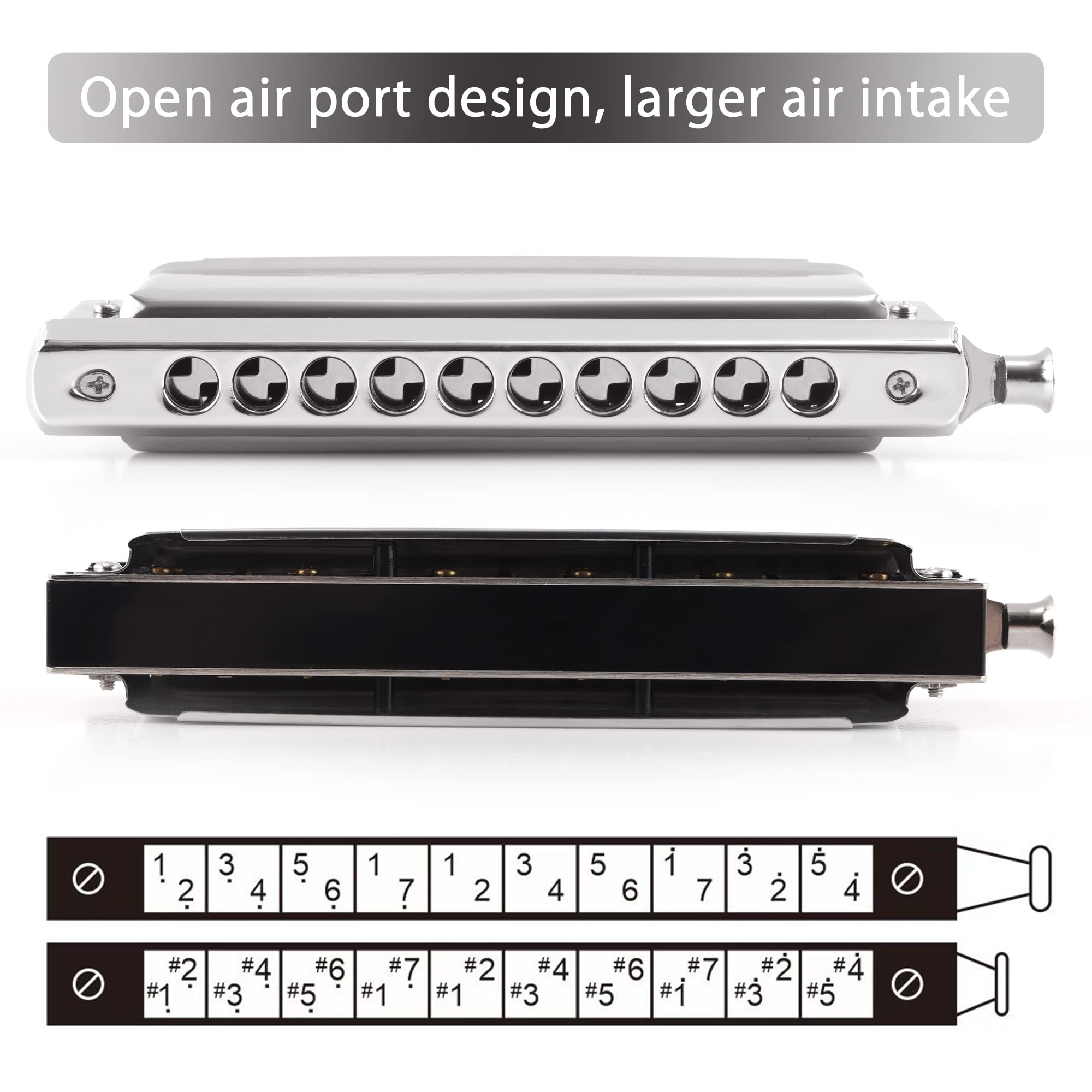 SWAN Chromatic Harmonica 10 Holes Deluxe Harmonica C Key with Slider and Valve - 10 Hole 40 Tone for Adults Beginners Students - Professional Harmonica Key of C, Polished Silver (SW1040-1)