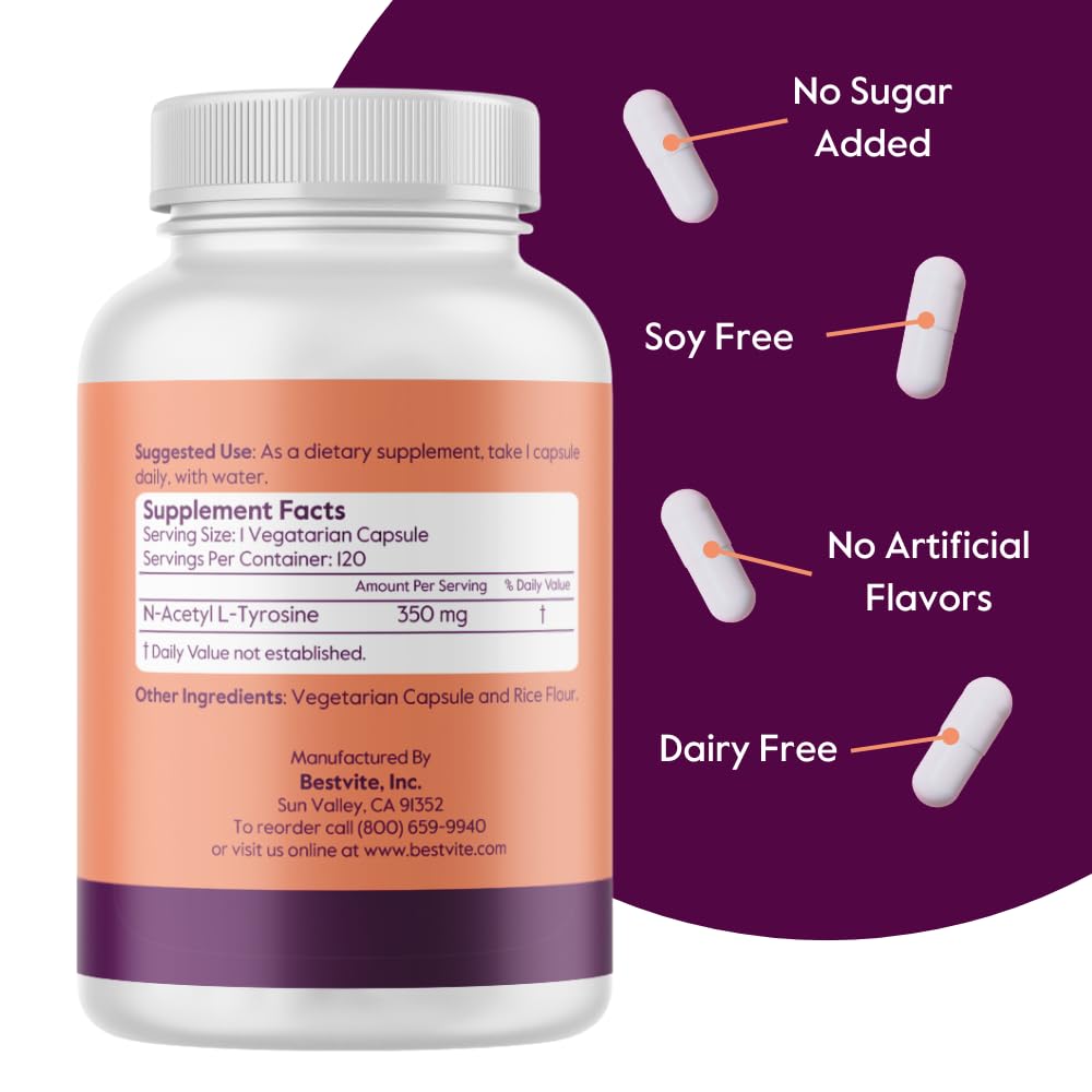 BESTVITE N-Acetyl L-Tyrosine 350mg (NALT) (120 Capsules) - No Stearates - Non GMO - Gluten Free