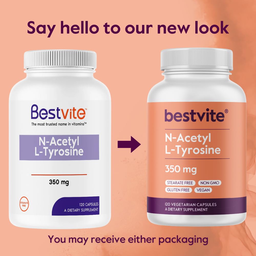 BESTVITE N-Acetyl L-Tyrosine 350mg (NALT) (120 Capsules) - No Stearates - Non GMO - Gluten Free