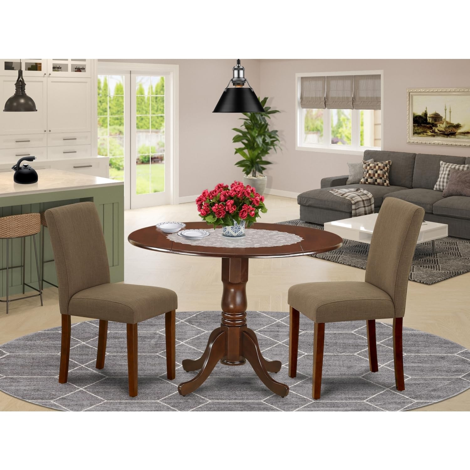 HomeStock Urban Oasis 3Pc Round 42" Dining Room Table with Two 9-Inch Drop Leaves and 2 Parson Chair with Mahogany Leg and Linen Fabric Coffee