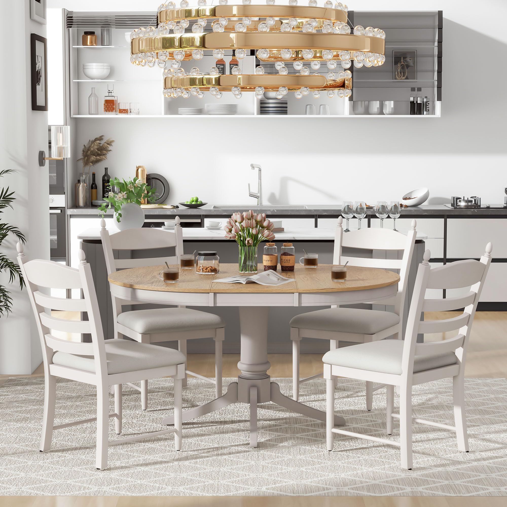 Quarte 5-Piece Retro Round Dining Table Set with Wood Extendable Dining Table and 4 Upholstered Dining Chairs, Compact Table Set for Small Kitchen Room (Off White/Extendable)