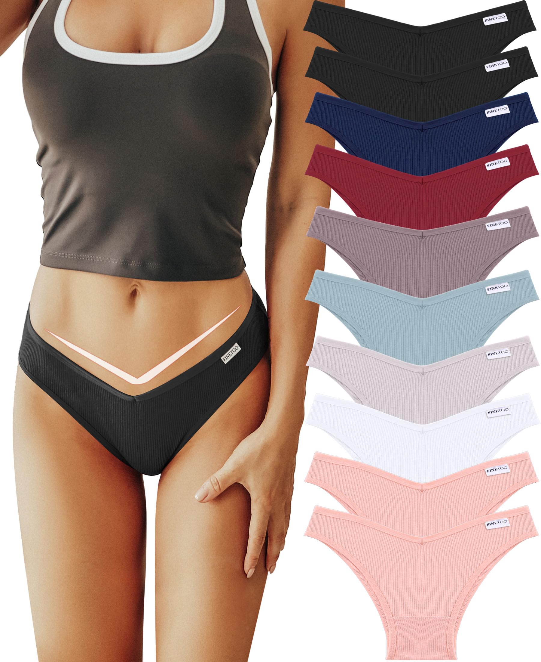 FINETOO 10 Pack Womens Cotton Underwear Sexy Stretch Bikini Panties Low Rise Hipster Ladies Soft V-Waist Cheeky(L)
