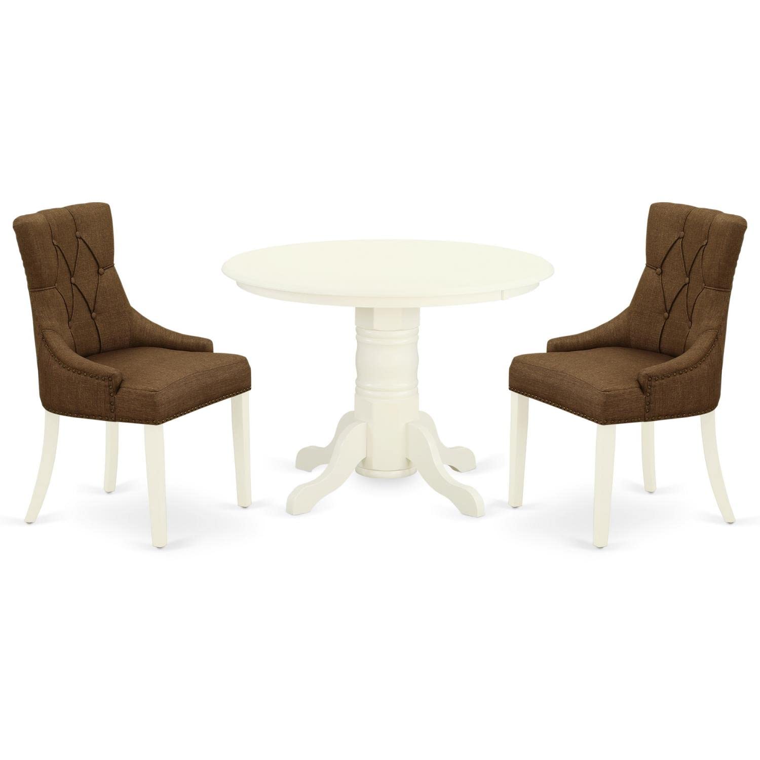 East West Furniture SHFR3-WHI-18 3 Piece Dining Table Set Contains a Round Dining Room Table with Pedestal and 2 Brown Linen Linen Fabric Parsons Dinette Chairs, 42x42 Inch, Linen White