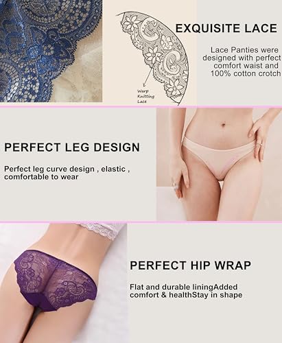 Kingfung Cheeky Underwear for Women Lace No Show Bikini Soft Breathe Seamless Panties Ladies Sexy Hipster (6Pack M)