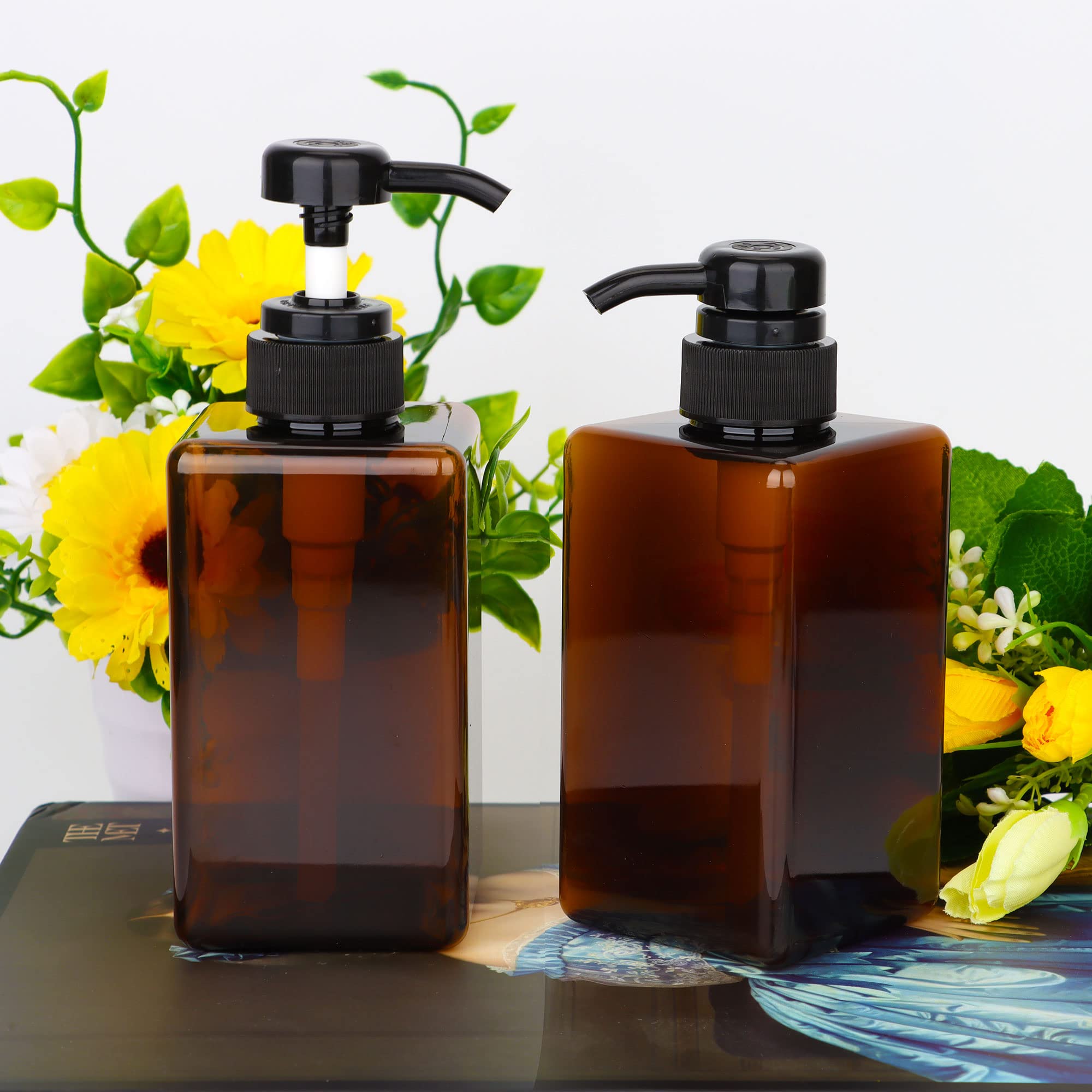 2 Pack 450ml/15.2oz Square Pump Bottle Dispenser Dulinkas Refillable Plastic Lotion Dispenser Empty Lotion Pump Bottle Liquid Container for Essential Oil Soap Lotion Shampoo Amber
