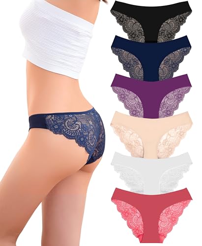 Kingfung Cheeky Underwear for Women Lace No Show Bikini Soft Breathe Seamless Panties Ladies Sexy Hipster (6Pack M)