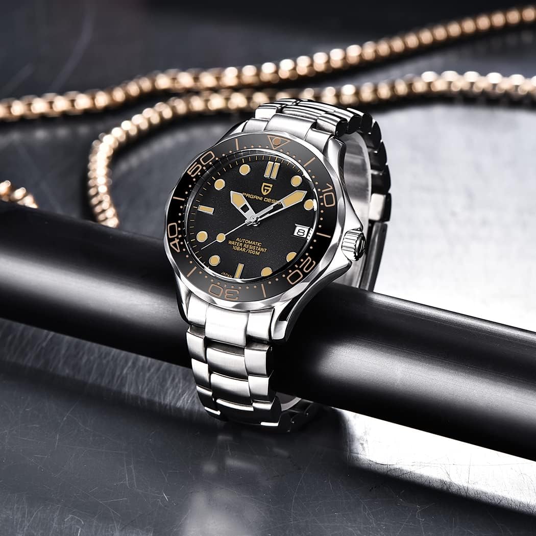 RollsTimi Pagani Design Men's Automatic Watch, Men's Automatic Diver's Watch, Stainless Steel, Rotating Ceramic Bezel Japan Imported Movement, Sapphire Mirror Waterproof Mechanical Watch. (Black)