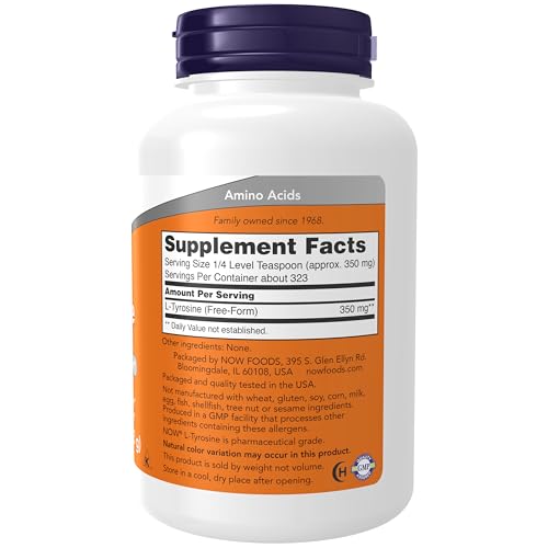 NOW Foods Supplements, L-Tyrosine Powder, Free-Form, Neurotransmitter Support*, Amino Acid, 4-Ounce