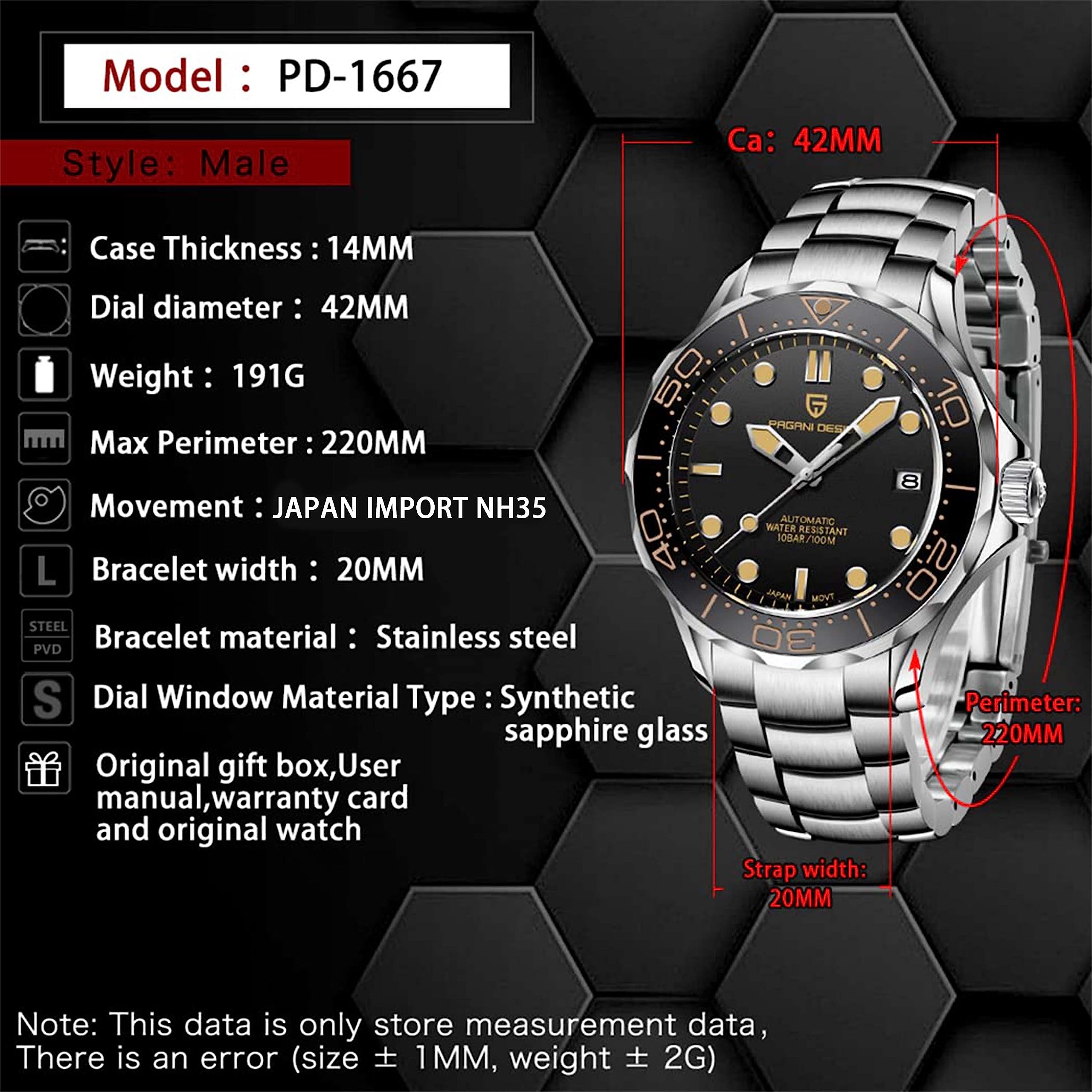 RollsTimi Pagani Design Men's Automatic Watch, Men's Automatic Diver's Watch, Stainless Steel, Rotating Ceramic Bezel Japan Imported Movement, Sapphire Mirror Waterproof Mechanical Watch. (Black)