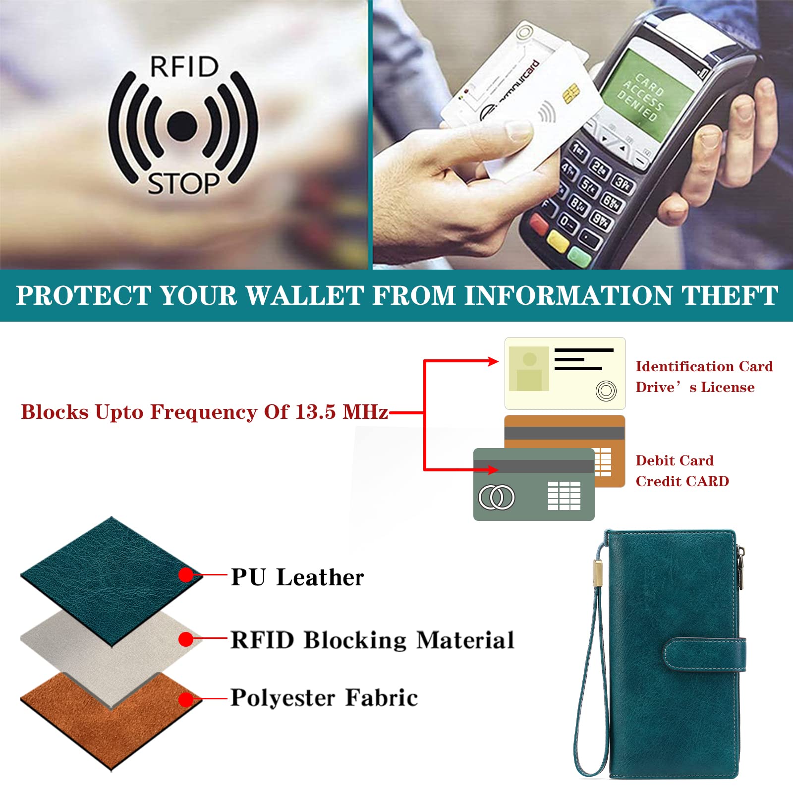 GOIACII Womens Wallets Large Capacity Credit Card Holder Rfid Wallet Women Double Zipper Pocket Leather Bifold Ladies Wristlet Clutch Wallet