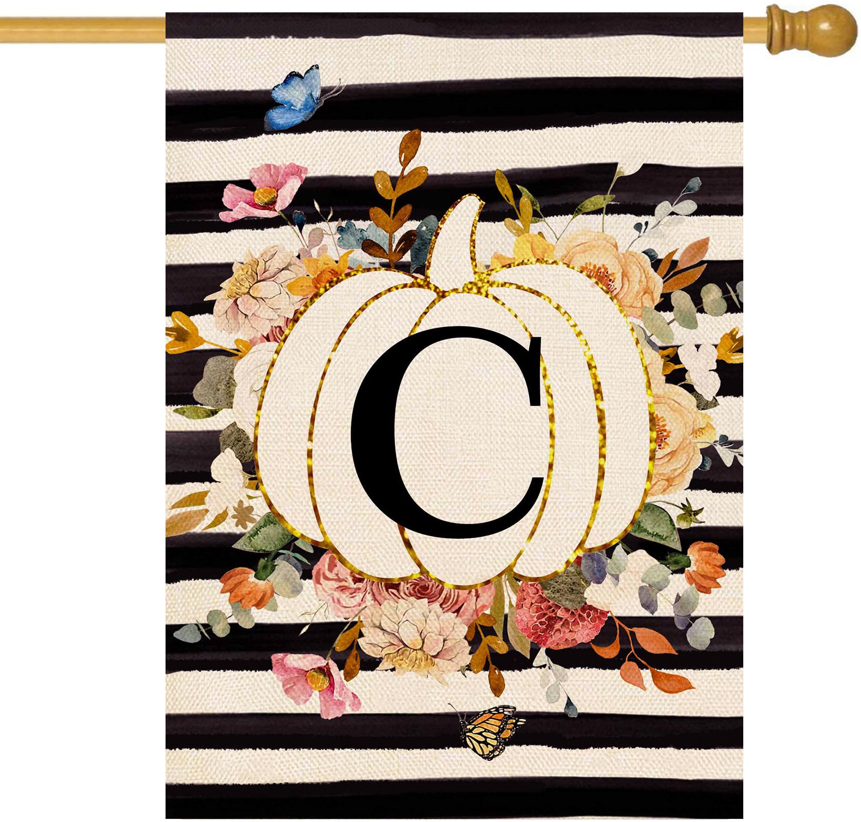 ORTIGIA Monogram Letter C House Flag Fall Pumpkin 28x40 Inch Double Sided Vertical Thankful Floral Yard Flag for Outside Burlap Family Last Name Initial Yard Seasonal Holiday Outdoor Decoration
