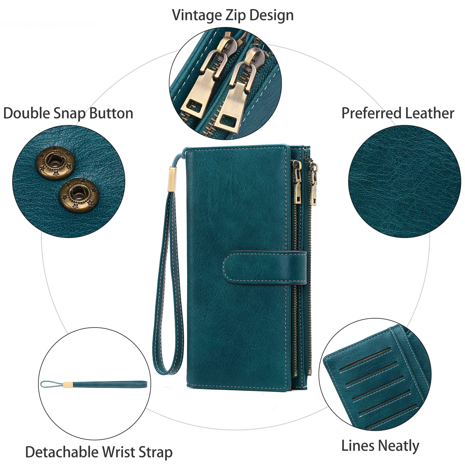 GOIACII Womens Wallets Large Capacity Credit Card Holder Rfid Wallet Women Double Zipper Pocket Leather Bifold Ladies Wristlet Clutch Wallet