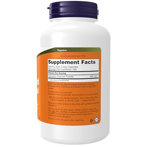 NOW Foods Supplements, Activated Charcoal Made from Coconut Shells, Non-GMO Project Verified, Detox Support*, 200 Veg Capsules