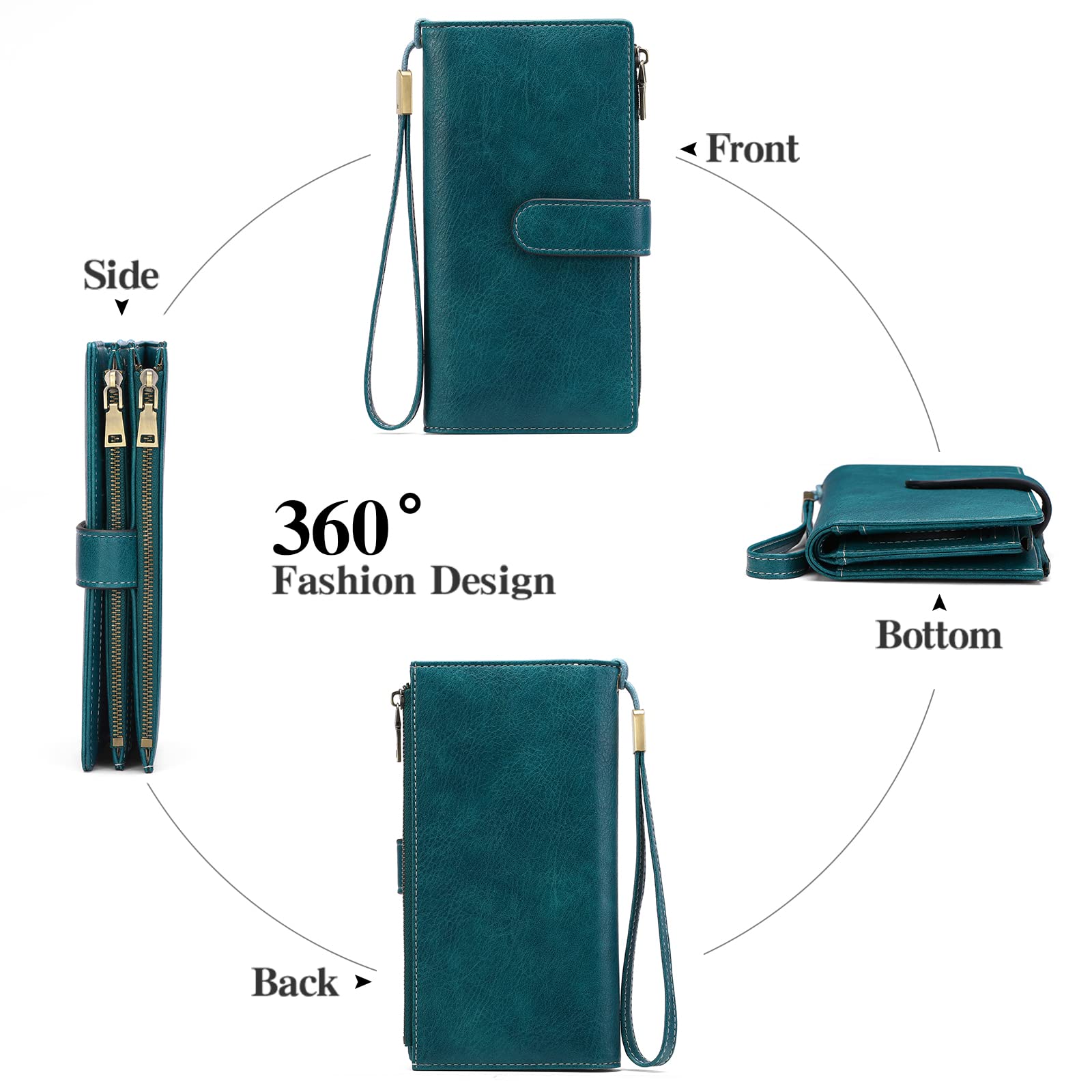 GOIACII Womens Wallets Large Capacity Credit Card Holder Rfid Wallet Women Double Zipper Pocket Leather Bifold Ladies Wristlet Clutch Wallet